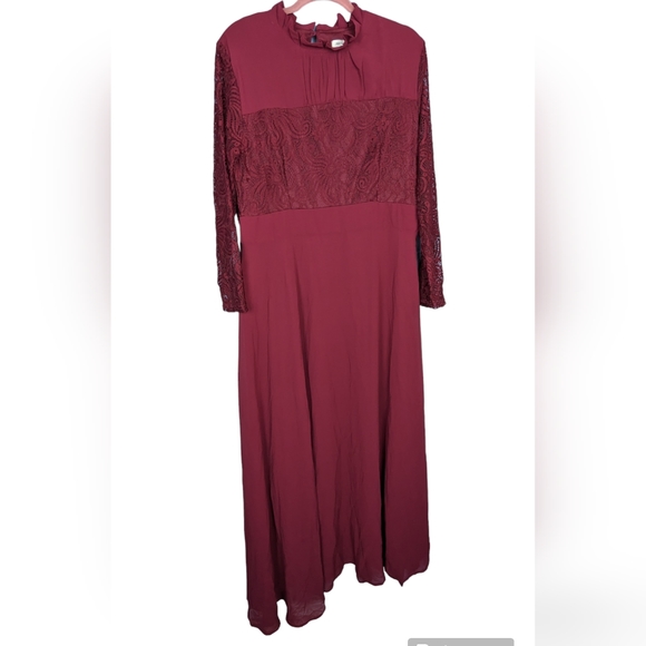 Dresses | Xl Burgundy Red Dress Lace And Chiffon High Collar Long ...